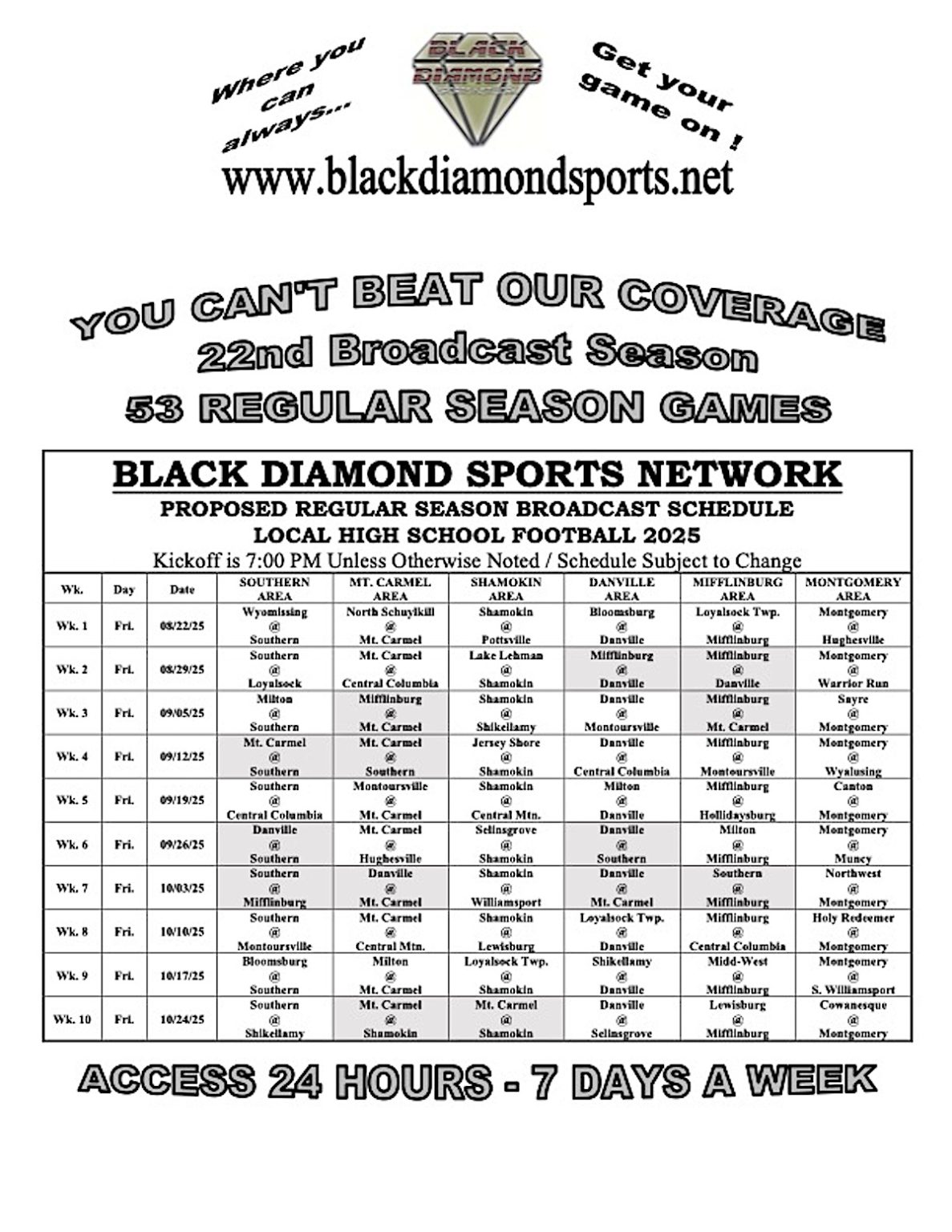 2025 Black Diamond Sports Network Football Broadcast Schedule ...